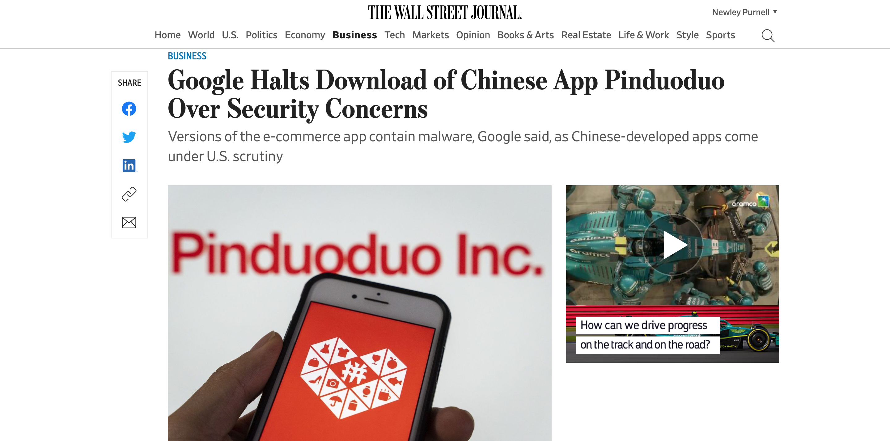 Google Halts Download of Chinese App Pinduoduo Over Security Concerns – Newley Purnell
